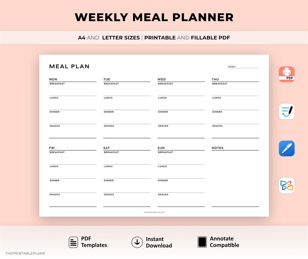 Weekly Meal Planner Printable Landscape, Food Diary, Meal Tracker, Food ...