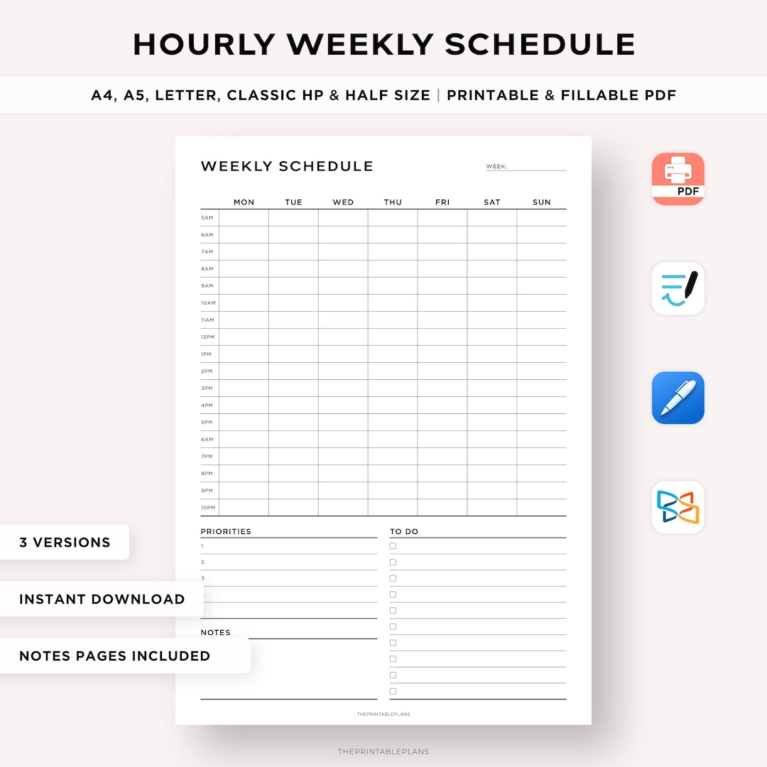 Hourly Weekly Schedule, Weekly Planner Printable, Weekly Agenda ...