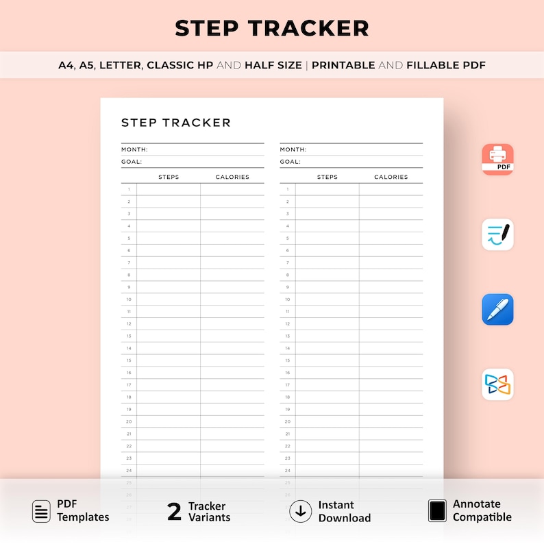 Monthly Step Tracker Printable, Step Log Template, Walking Journal ...