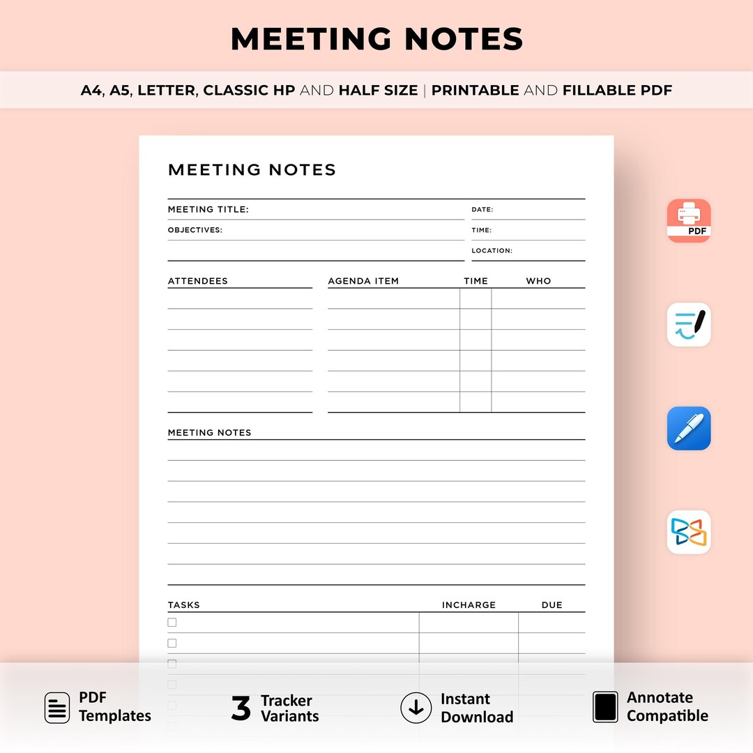 Meeting Notes Template Printable, Meeting Minutes, Meeting Agenda ...