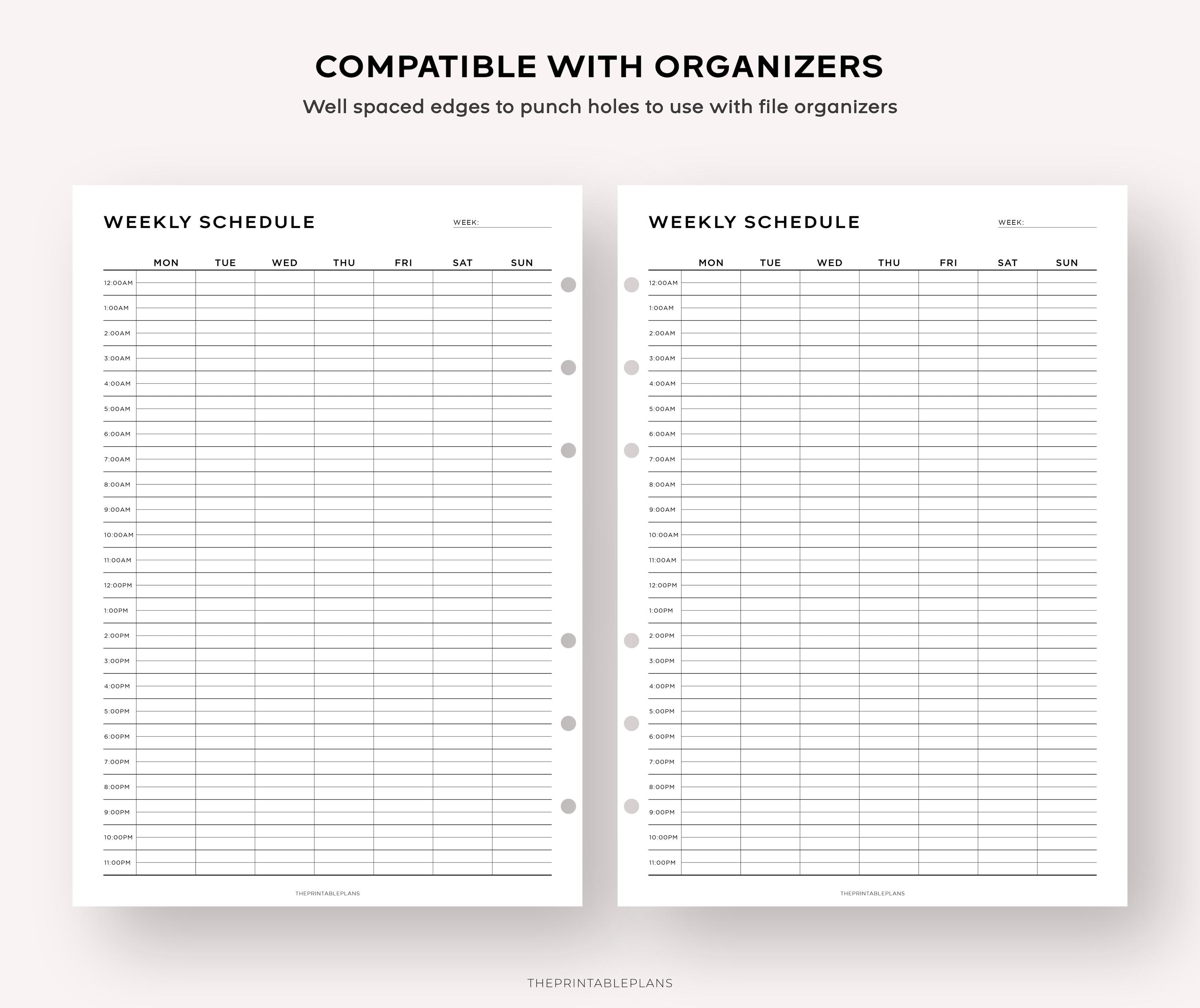 24 Hour Weekly Schedule, Hourly Weekly Planner, Week at a Glance ...