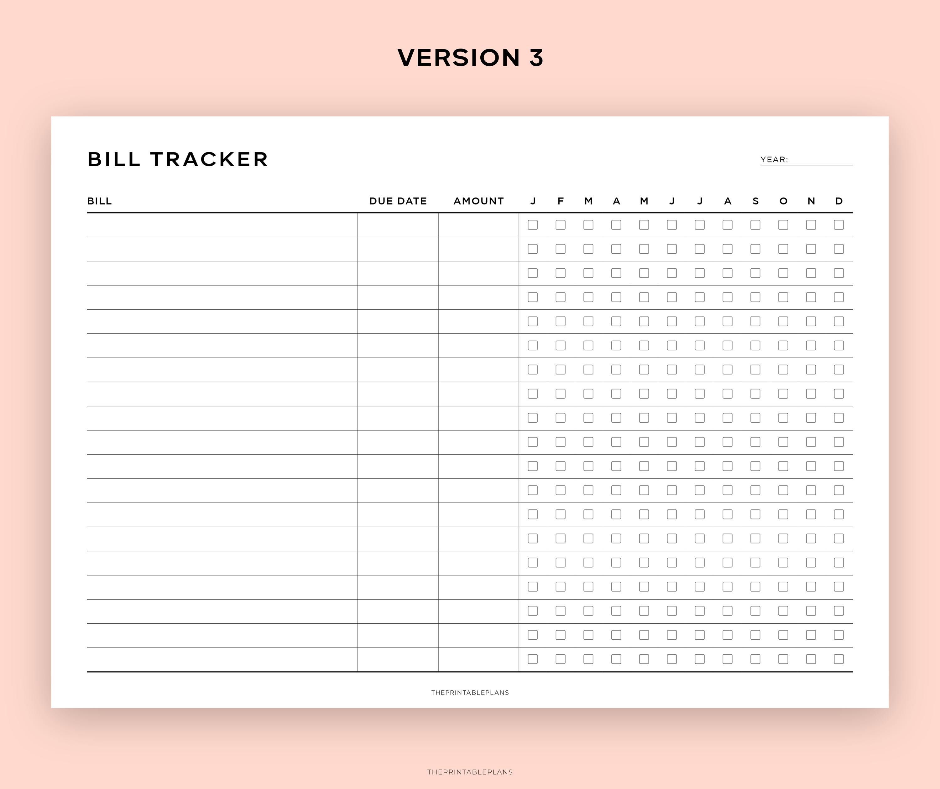 Yearly Bill Tracker Printable, Bill Payment Checklist, Bill Organizer ...