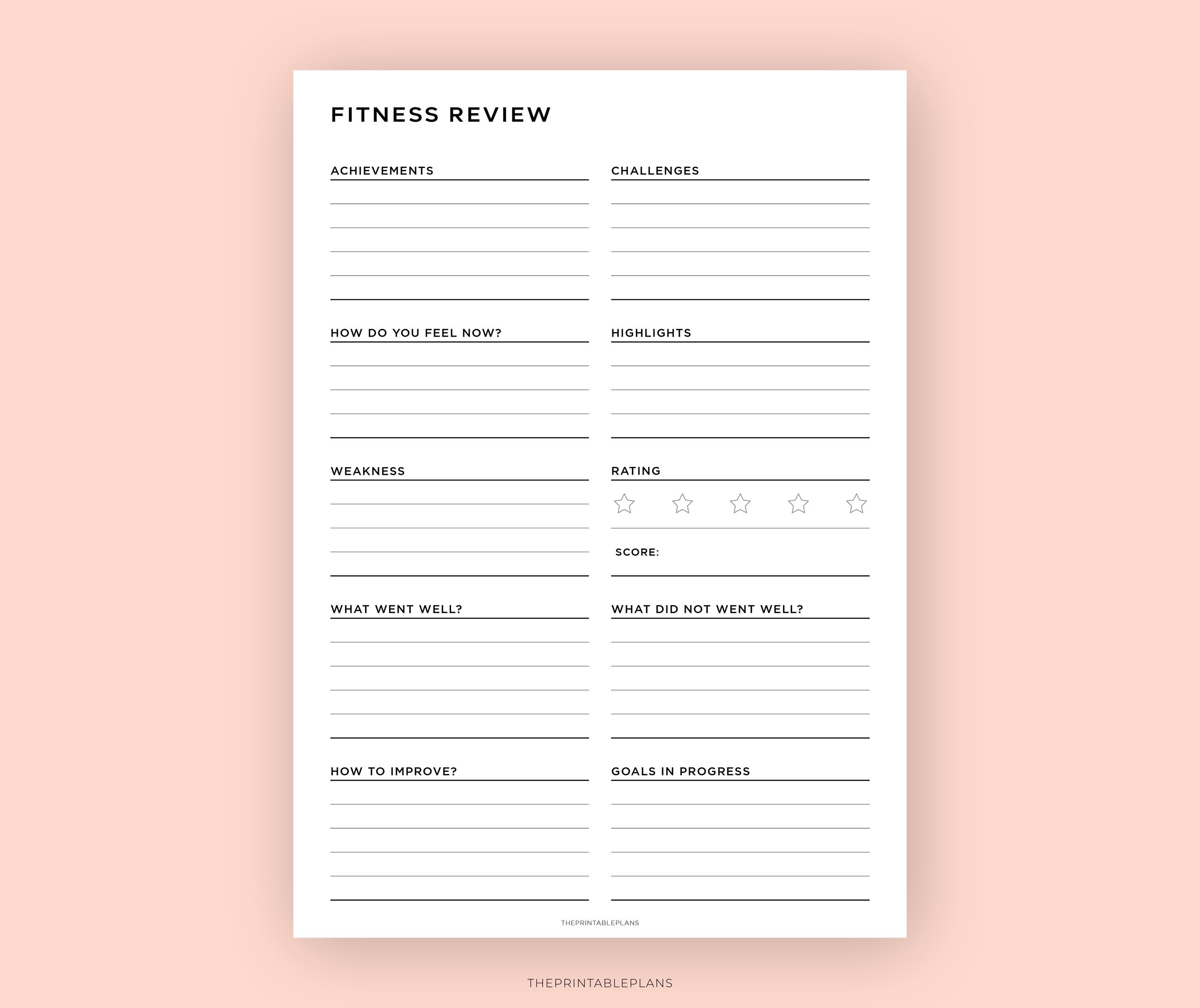 Fitness Review Printable, Fitness Reflection Printable, Health Tracker ...