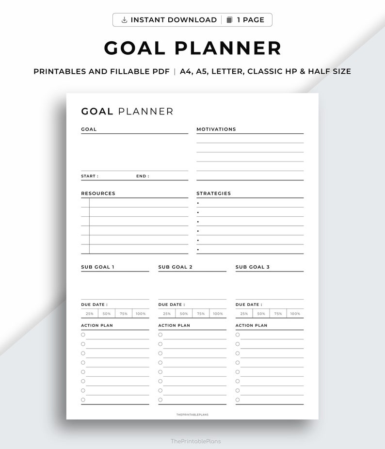 Goal Planner Printable, Goal Setting, Goal Tracker, Productivity ...