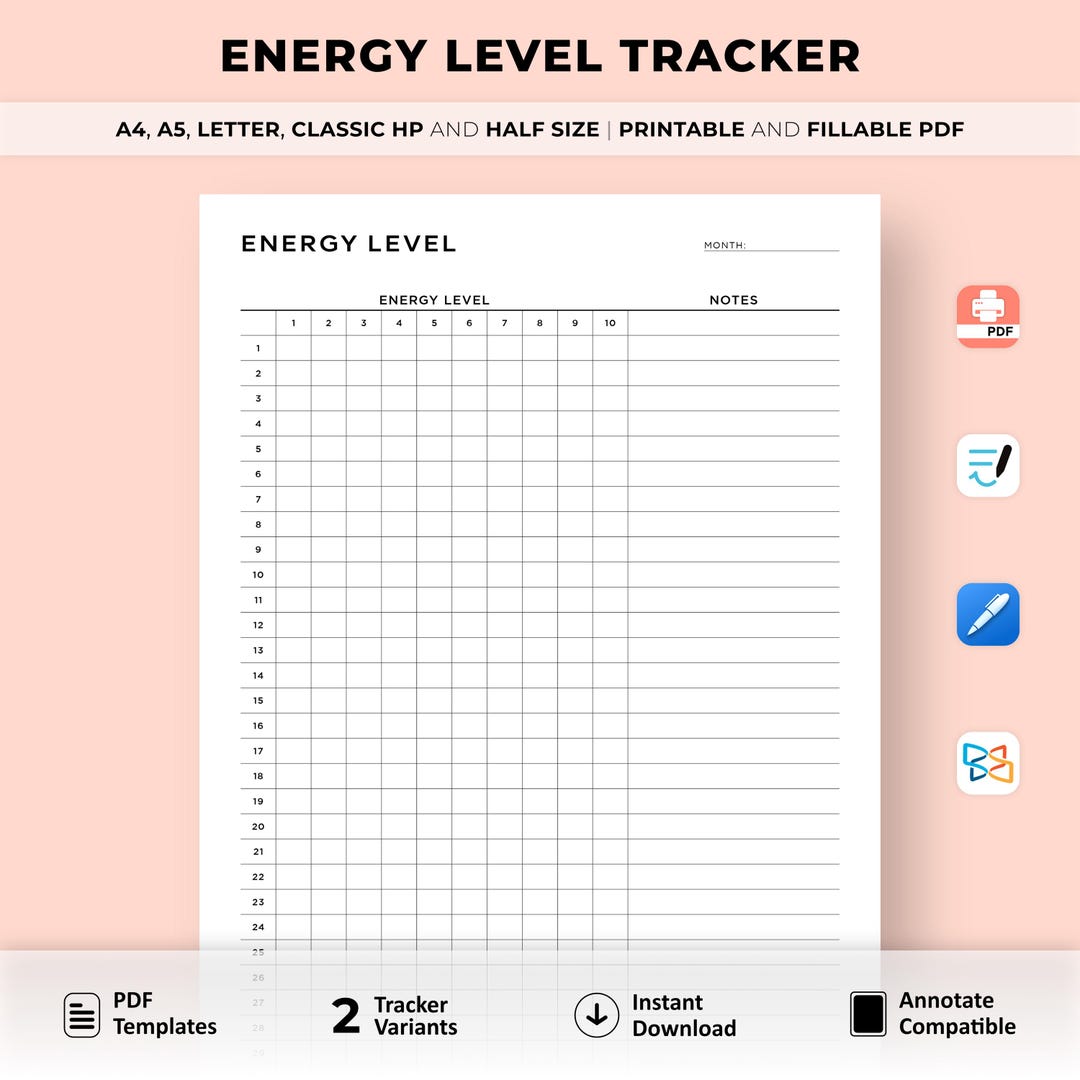 Daily Energy Level Tracker Printable, Monthly Energy Level Tracker ...