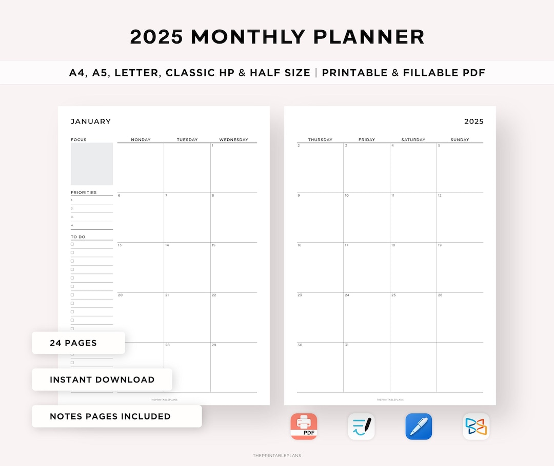 2025 Monthly Planner on Two Pages, 2025 Dated Calendar, Monthly ...