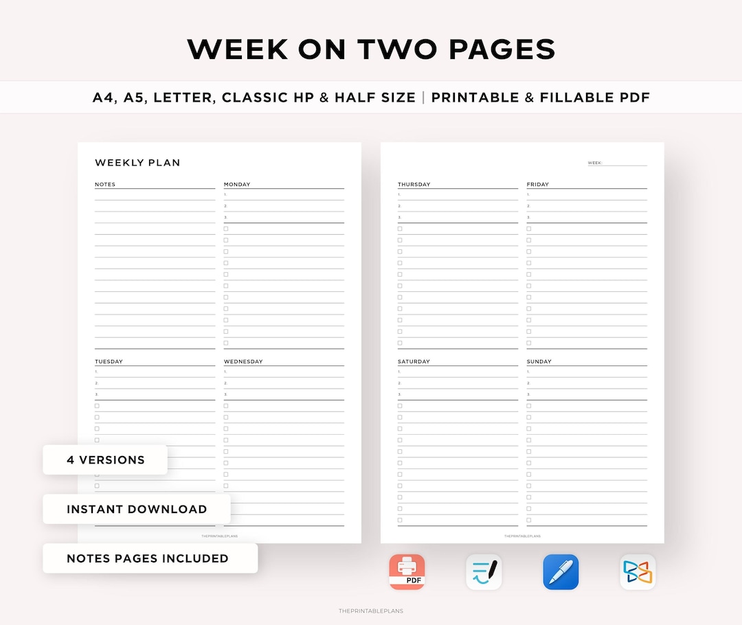 Week on Two Pages, Weekly Planner Printable, Productivity Planner, Week ...