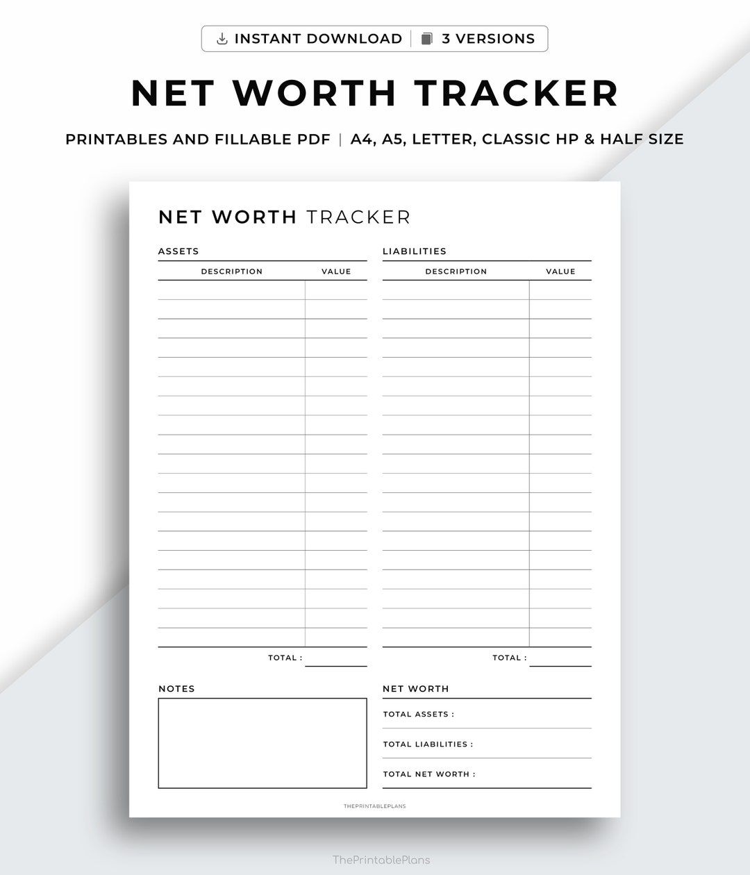 Net Worth Tracker, Net Worth Planner Printable, Net Worth Sheet, Asset ...