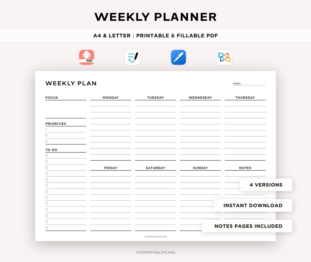 Weekly Planner Printable Landscape, Weekly Schedule, Week at a Glance ...