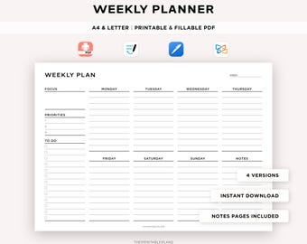 Weekly Planner Printable Landscape, Weekly Schedule, Week at a Glance ...