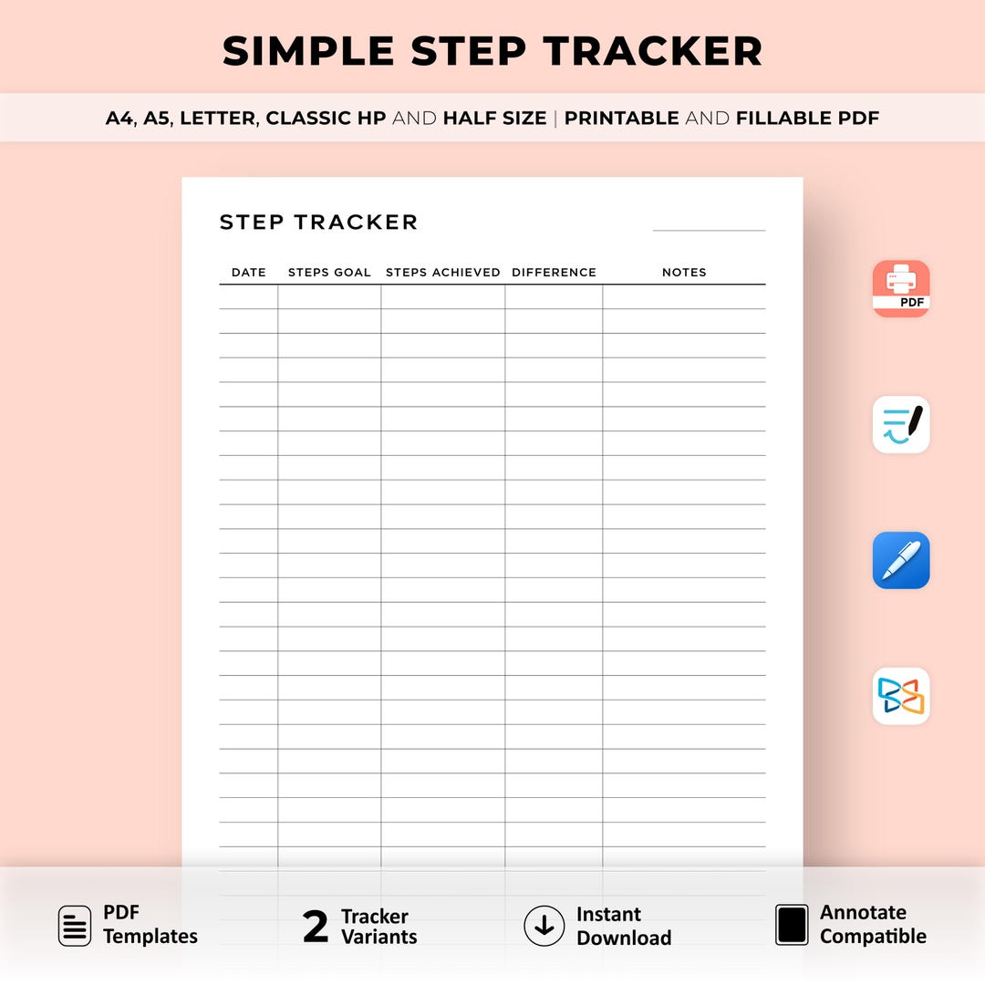 Simple Step Tracker Printable, Step Log Template, Walking Journal ...