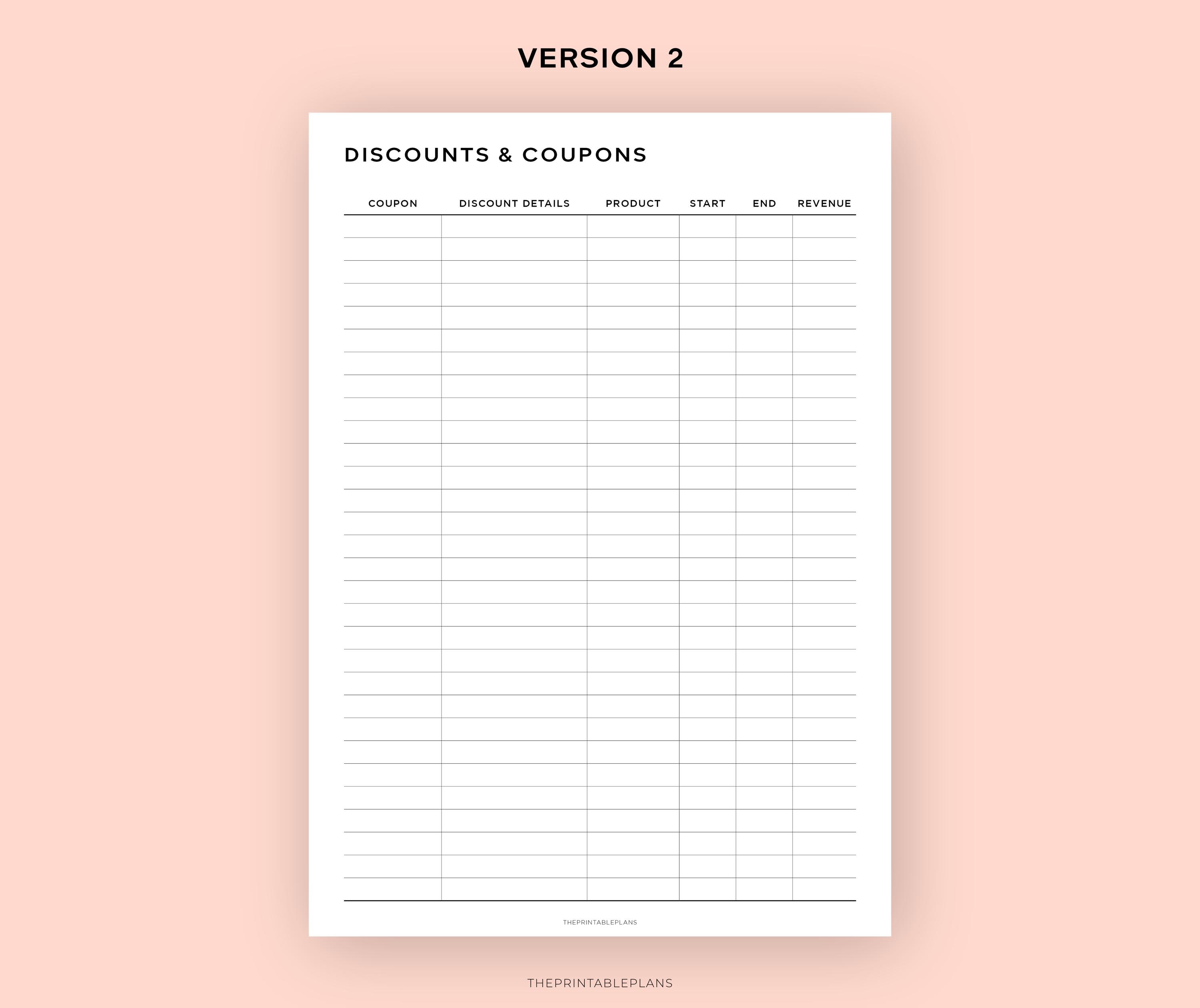 Discounts & Coupons Tracker Printable, Business Coupon Planner (a4/a5 ...
