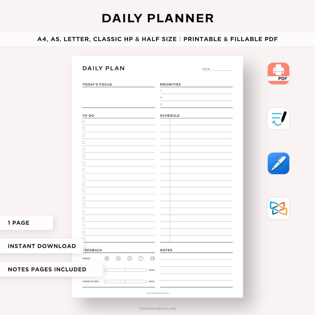 Simple Daily Planner Printable, Daily Schedule, Daily Productivity ...