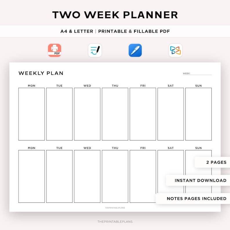 Simple Two Week Planner Printable, Weekly Calendar, Weekly Schedule ...