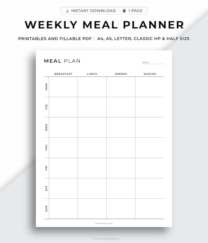 Weekly Meal Planner Printable, 7 Day Menu Planner, Meal Prep Planner ...
