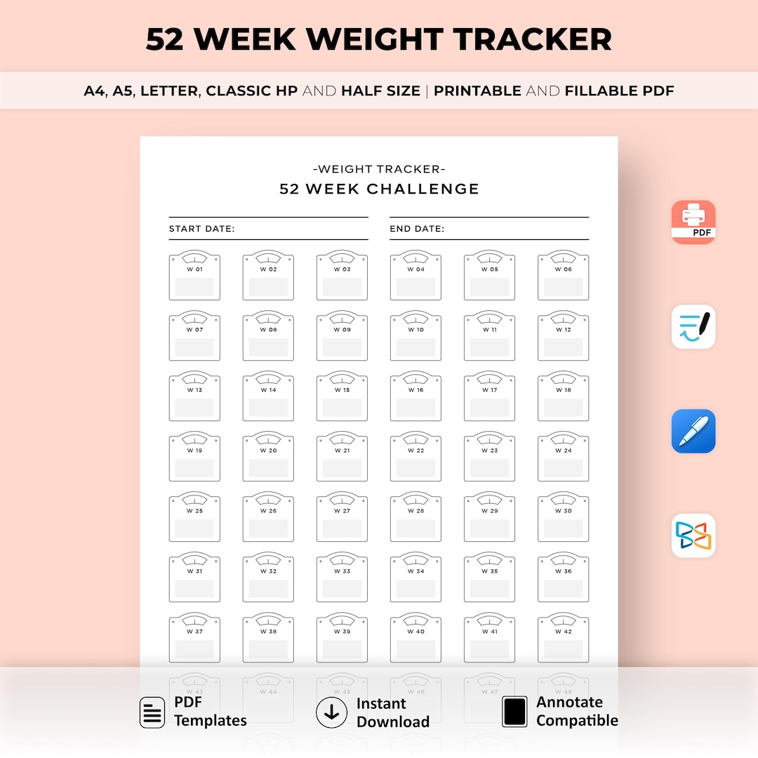 52 Week Weight Tracker Printable, Weight Loss Tracker, Weight Log ...