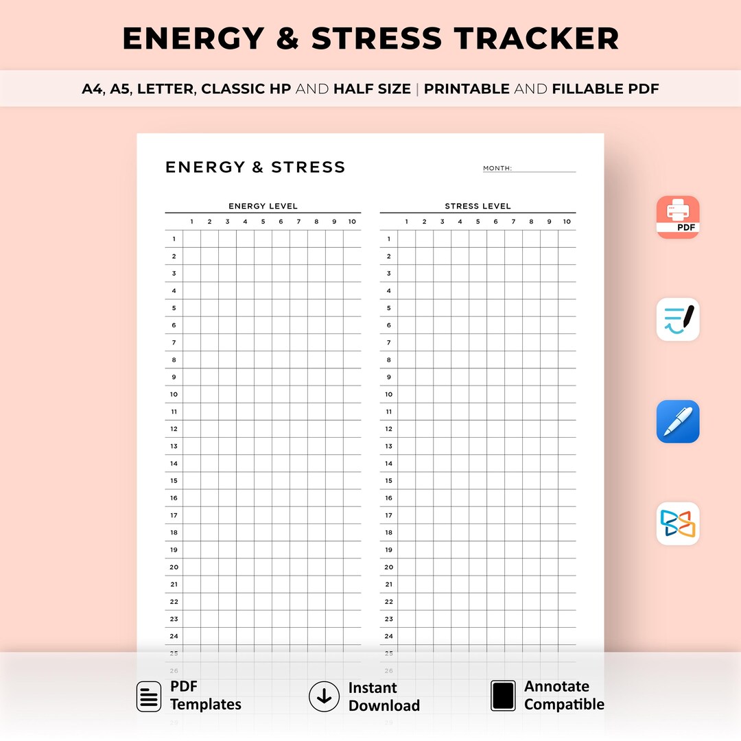 Energy and Stress Tracker Printable, Energy Level Tracker, Stress ...