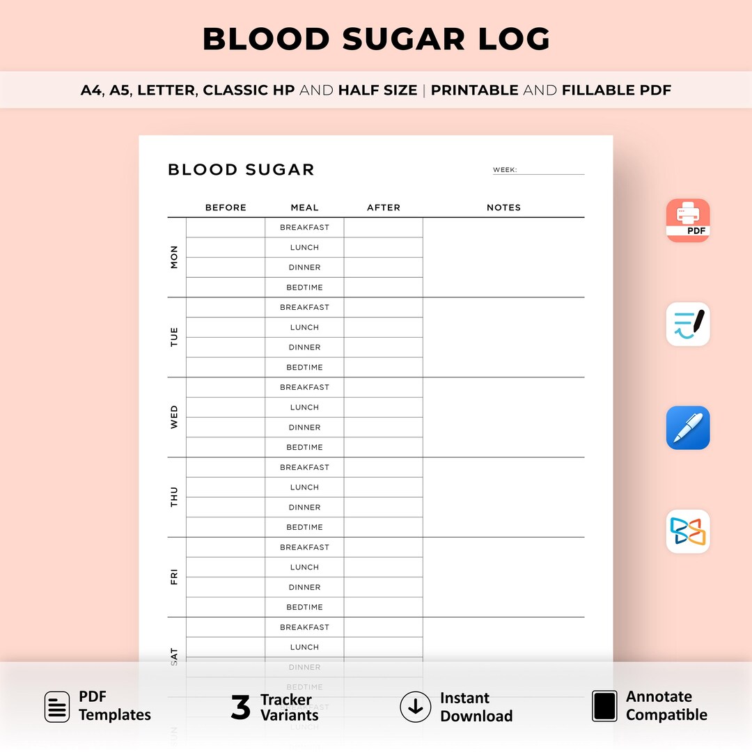 Blood Sugar Log Printable, Blood Glucose Journal, Gestational Diabetes ...