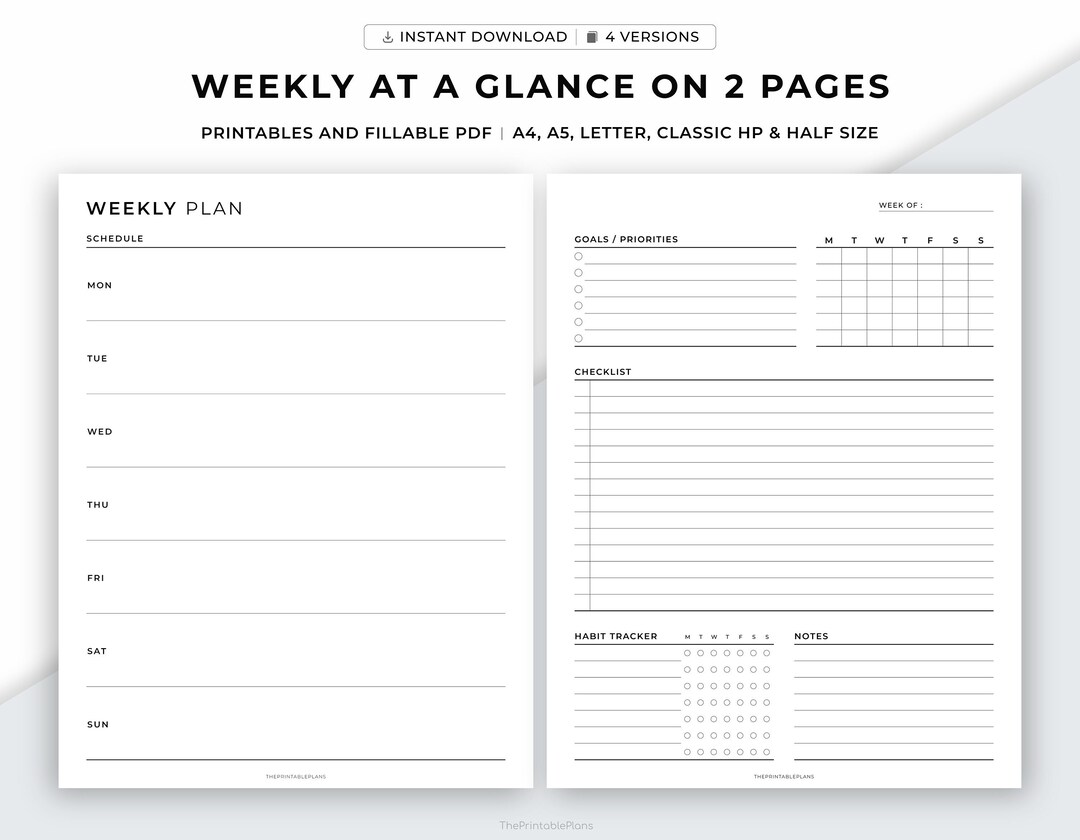 Weekly at a Glance, Weekly Planner Printable, Weekly Agenda, Weekly ...