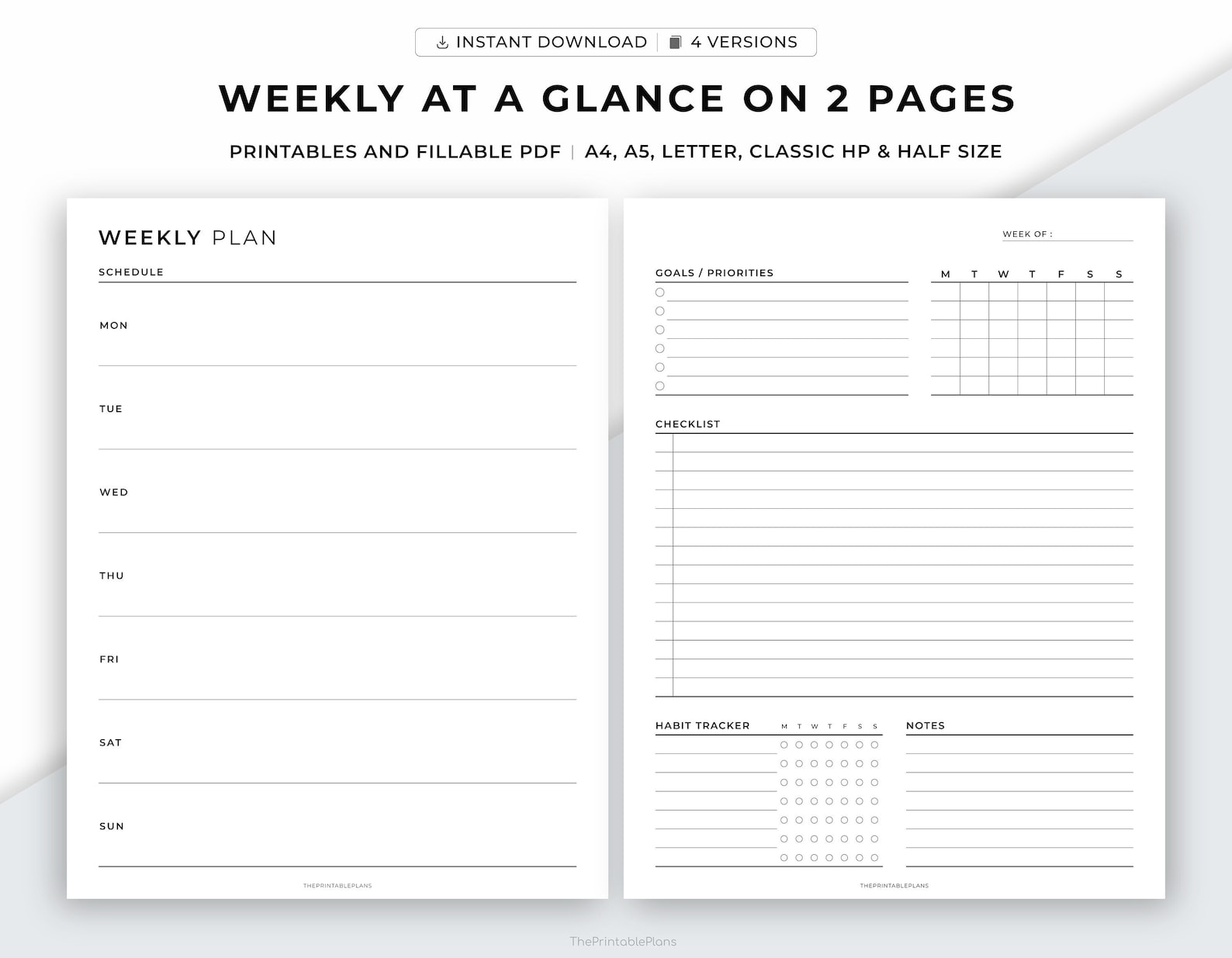 Weekly at a Glance, Weekly Planner Printable, Weekly Agenda, Weekly ...