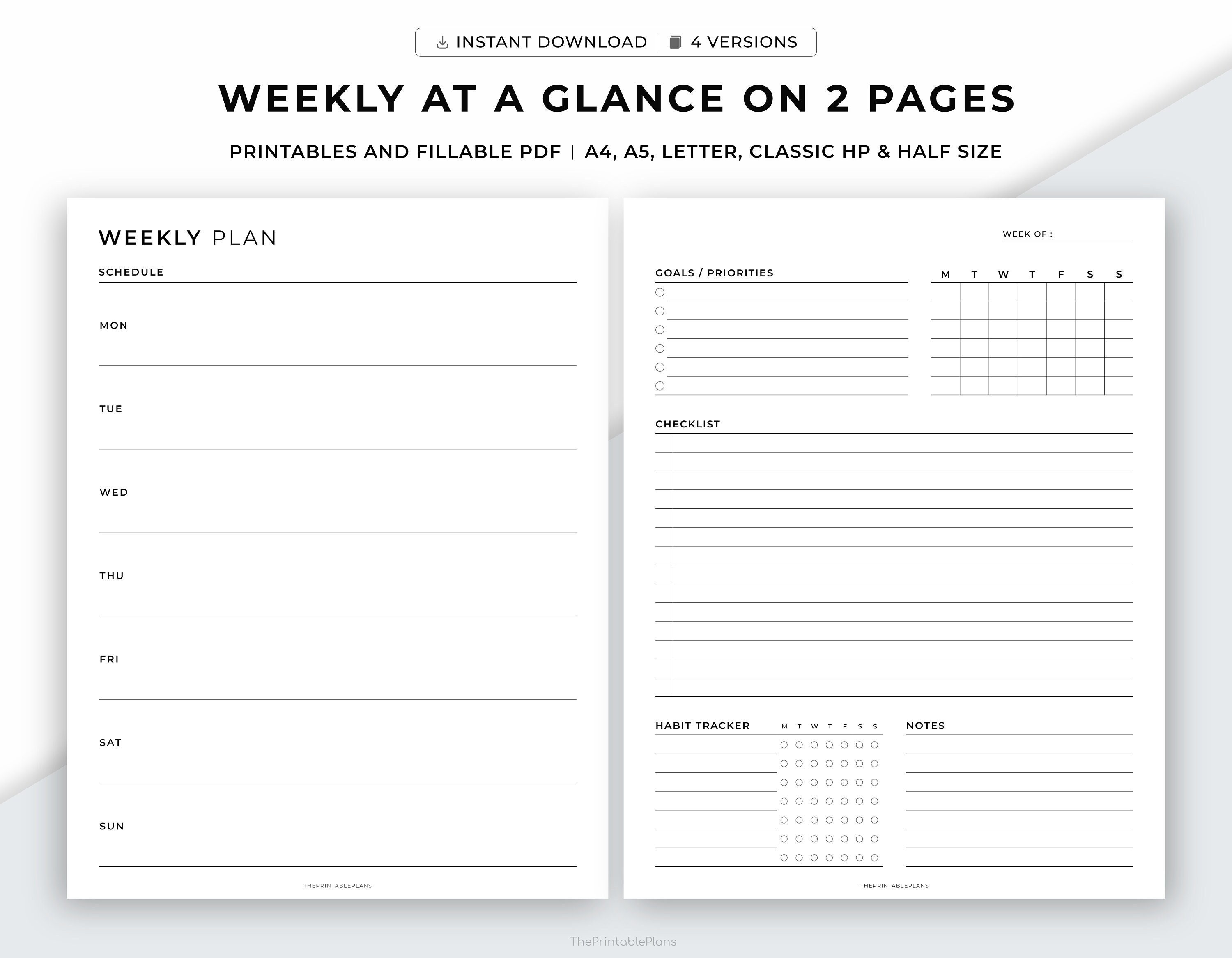 Weekly at a Glance, Weekly Planner Printable, Weekly Agenda, Weekly ...