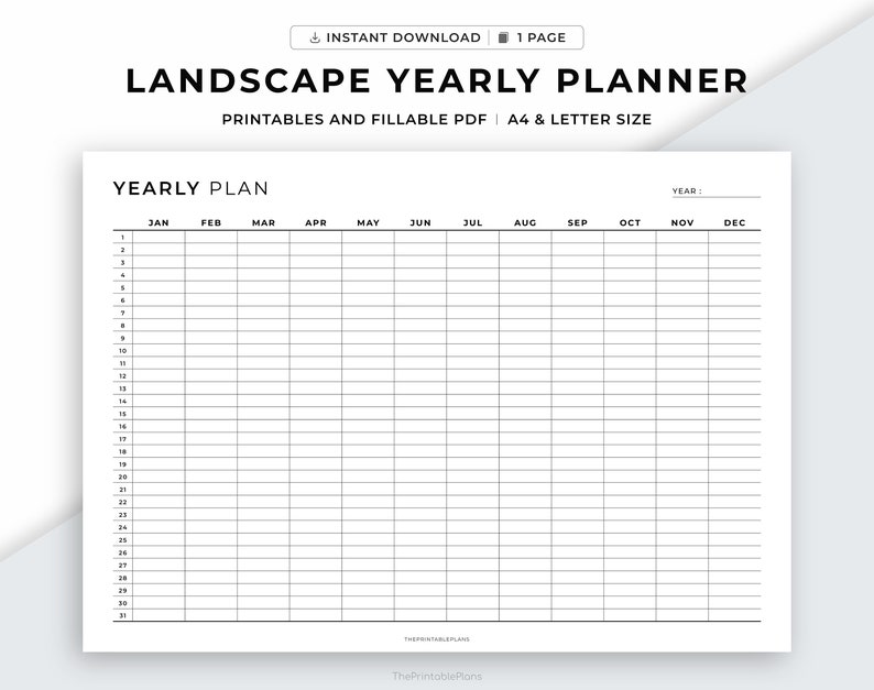 Landscape Printable Yearly Planner, Year at a Glance, Yearly Schedule ...