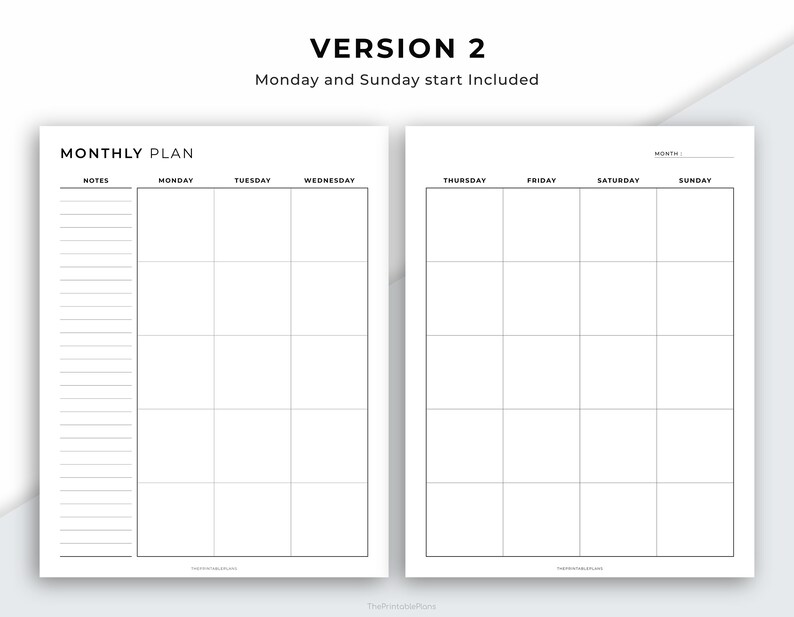 Undated Monthly Planner Printable Month on Two Pages Month - Etsy
