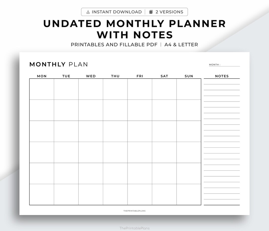 Undated Monthly Planner Printable With Notes, Monthly Organizer ...