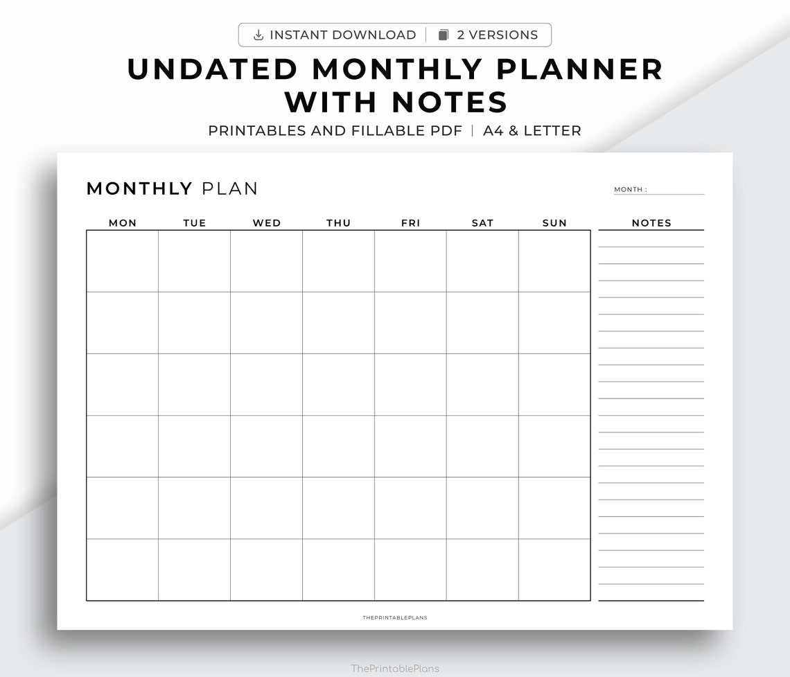 Undated Monthly Planner Printable With Notes Monthly - Etsy