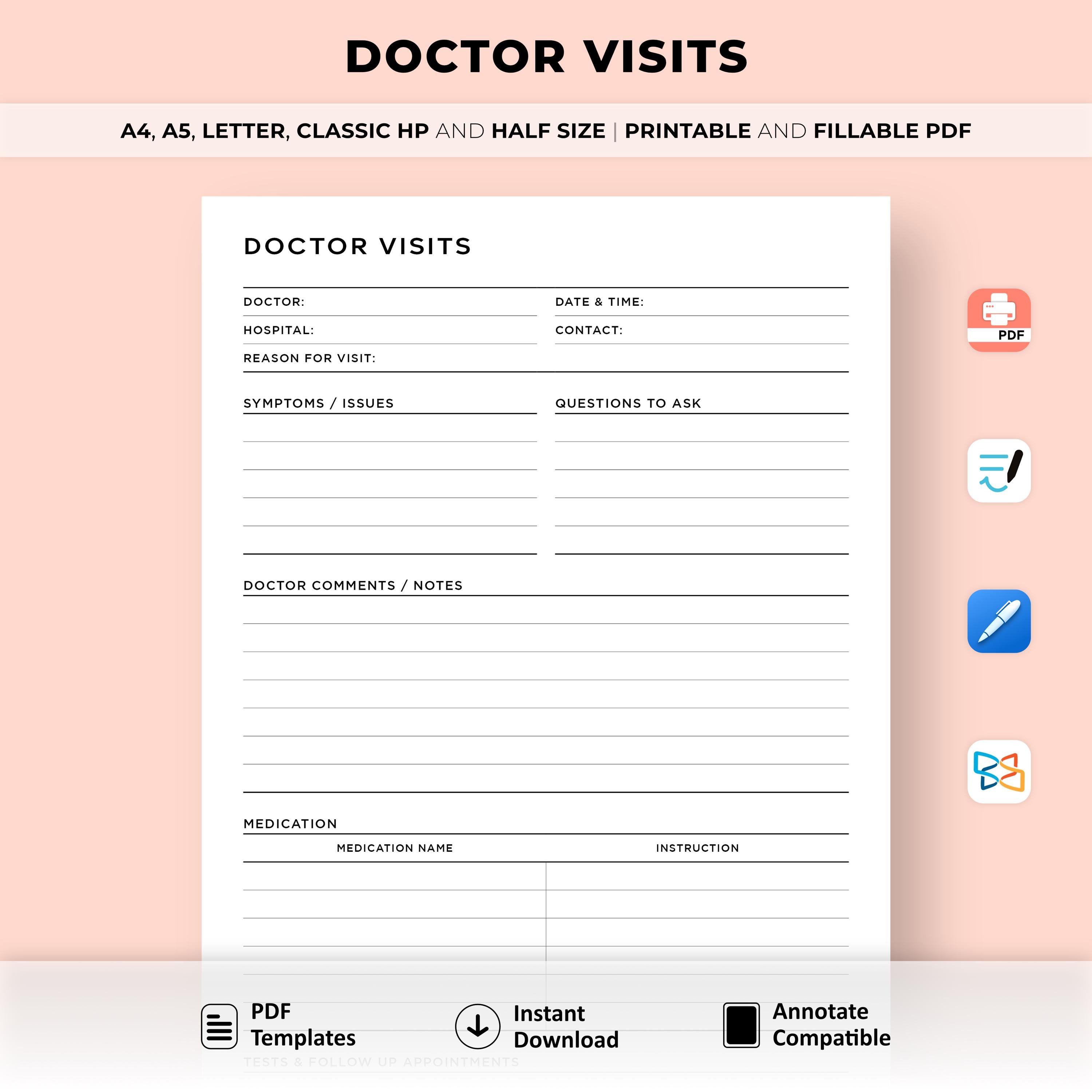 Doctor Visits Planner Printable, Doctor Appointment Log, Health Record ...