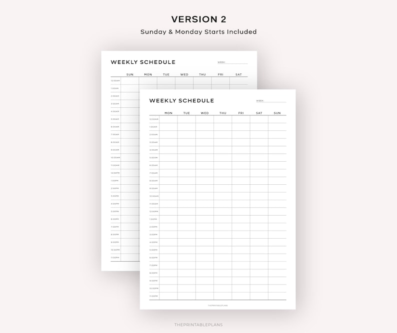 24 Hour Weekly Schedule, Hourly Weekly Planner, Week at a Glance ...