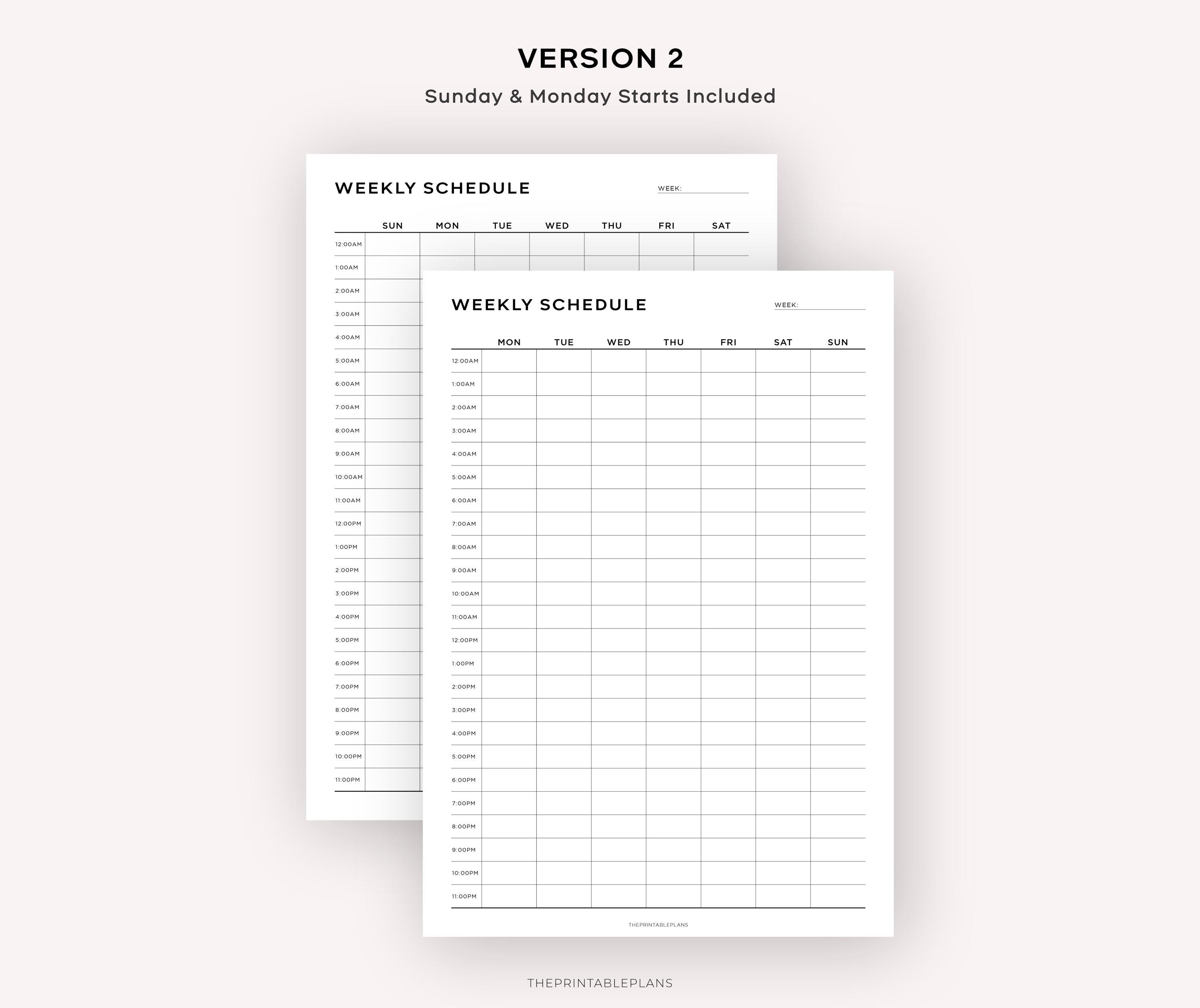 24 Hour Weekly Schedule, Hourly Weekly Planner, Week at a Glance ...