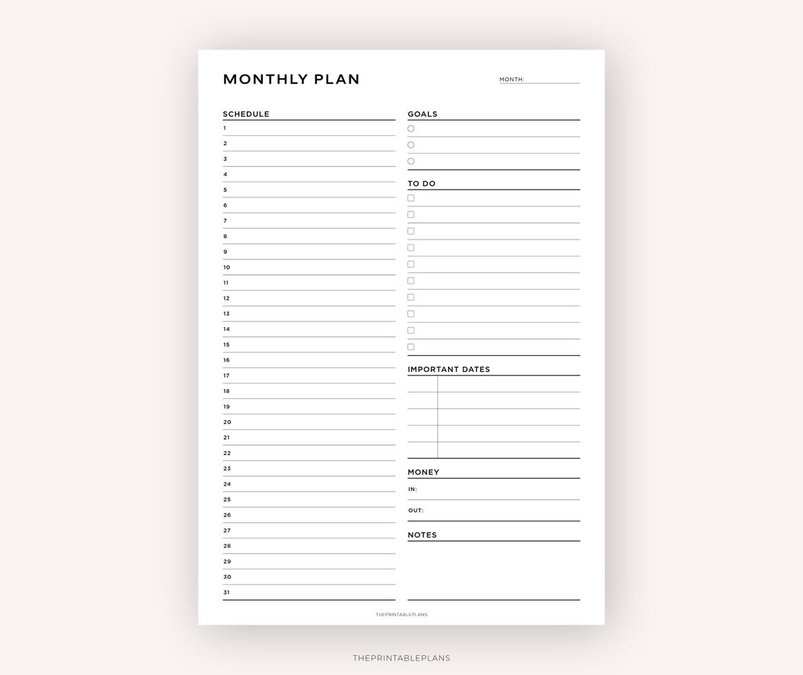 Month at a Glance Printable, Monthly Planner, Monthly Goal Planner, to ...