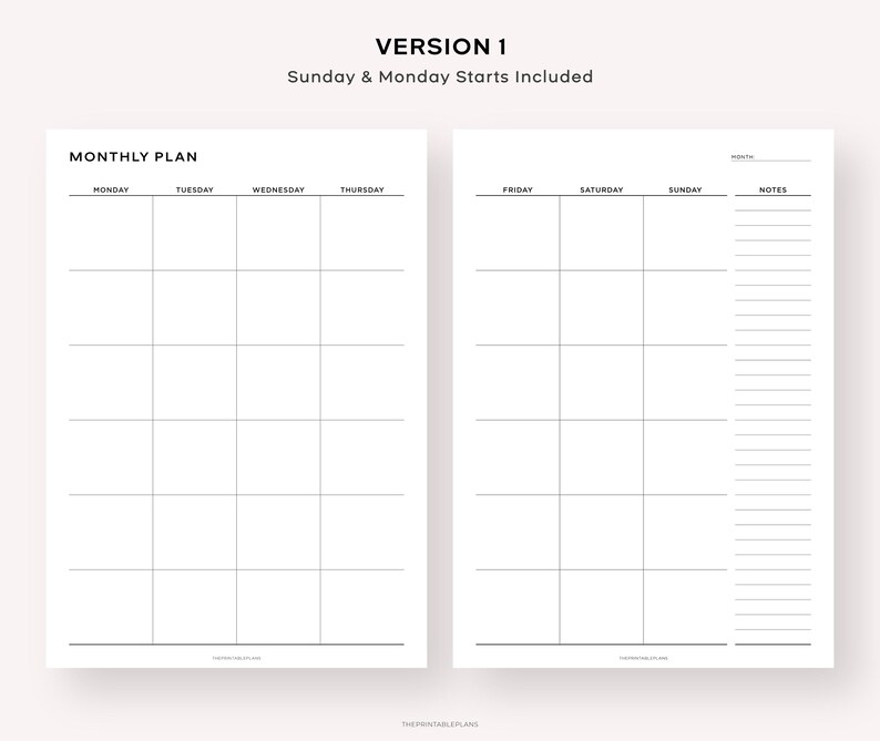 Undated Monthly Planner Printable, Month on Two Pages, Month at a ...