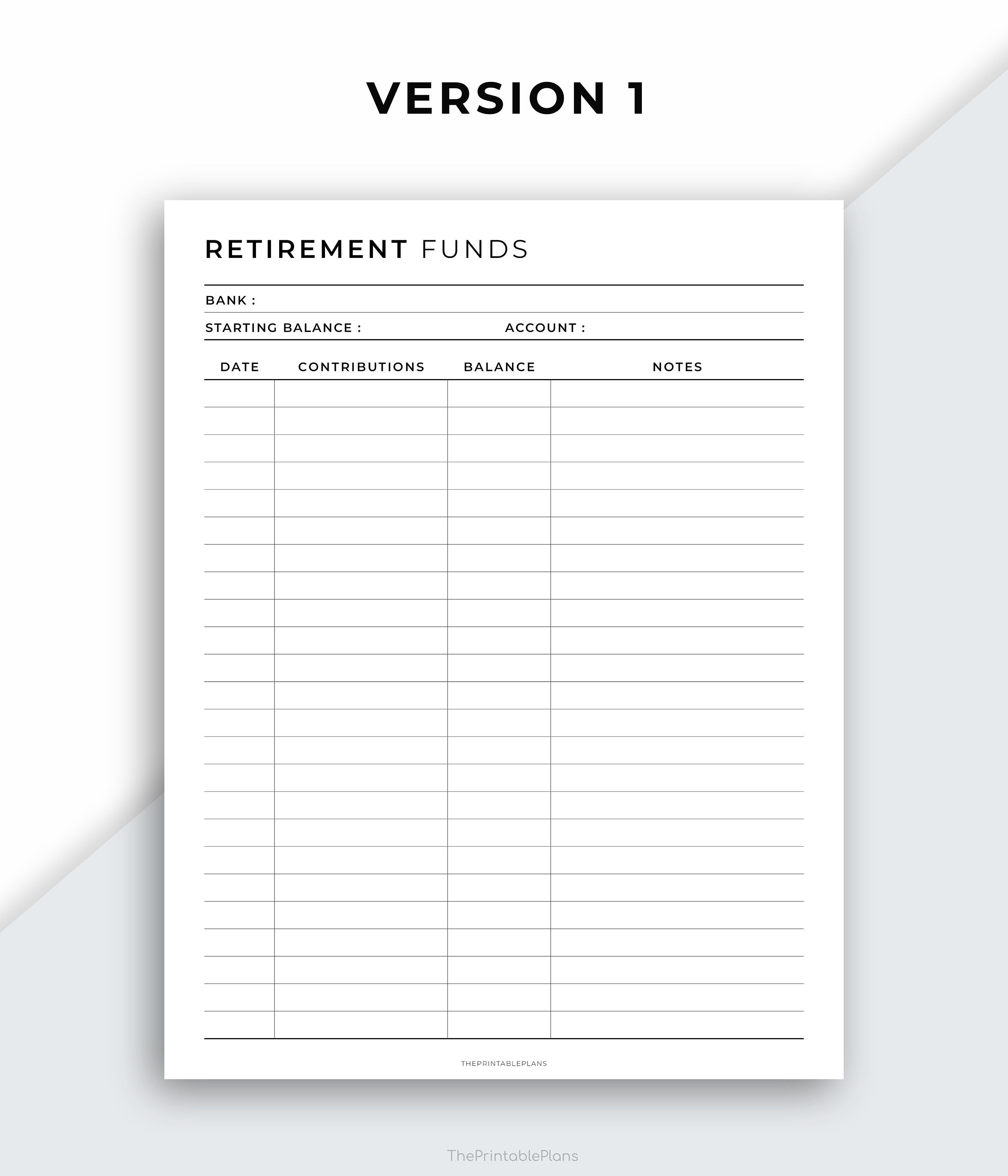 Retirement Funds Tracker Printable, Savings Planner, Contribution ...