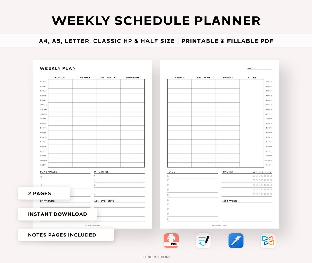 Weekly Schedule Two Pages, Weekly Planner Printable, Productivity ...