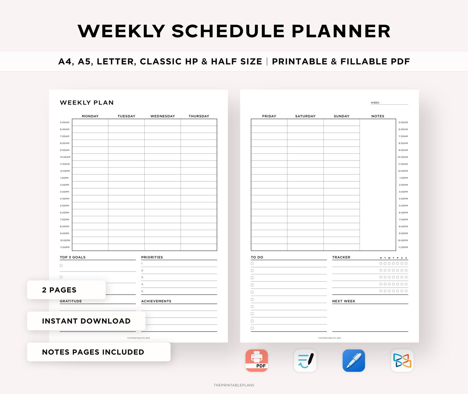 Weekly Schedule Two Pages, Weekly Planner Printable, Productivity ...