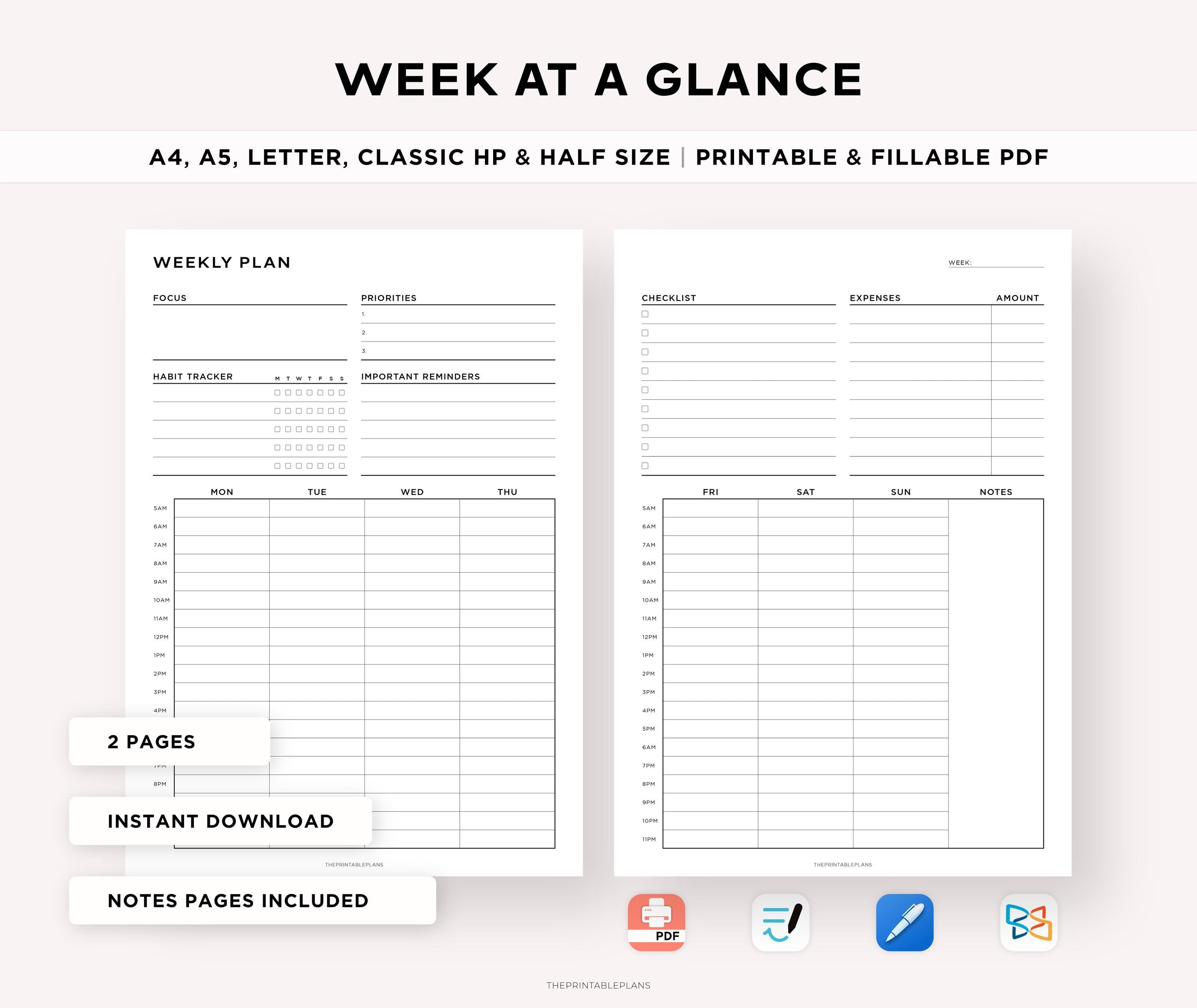 Week at a Glance, Hourly Weekly Schedule, Weekly Organizer, Weekly ...