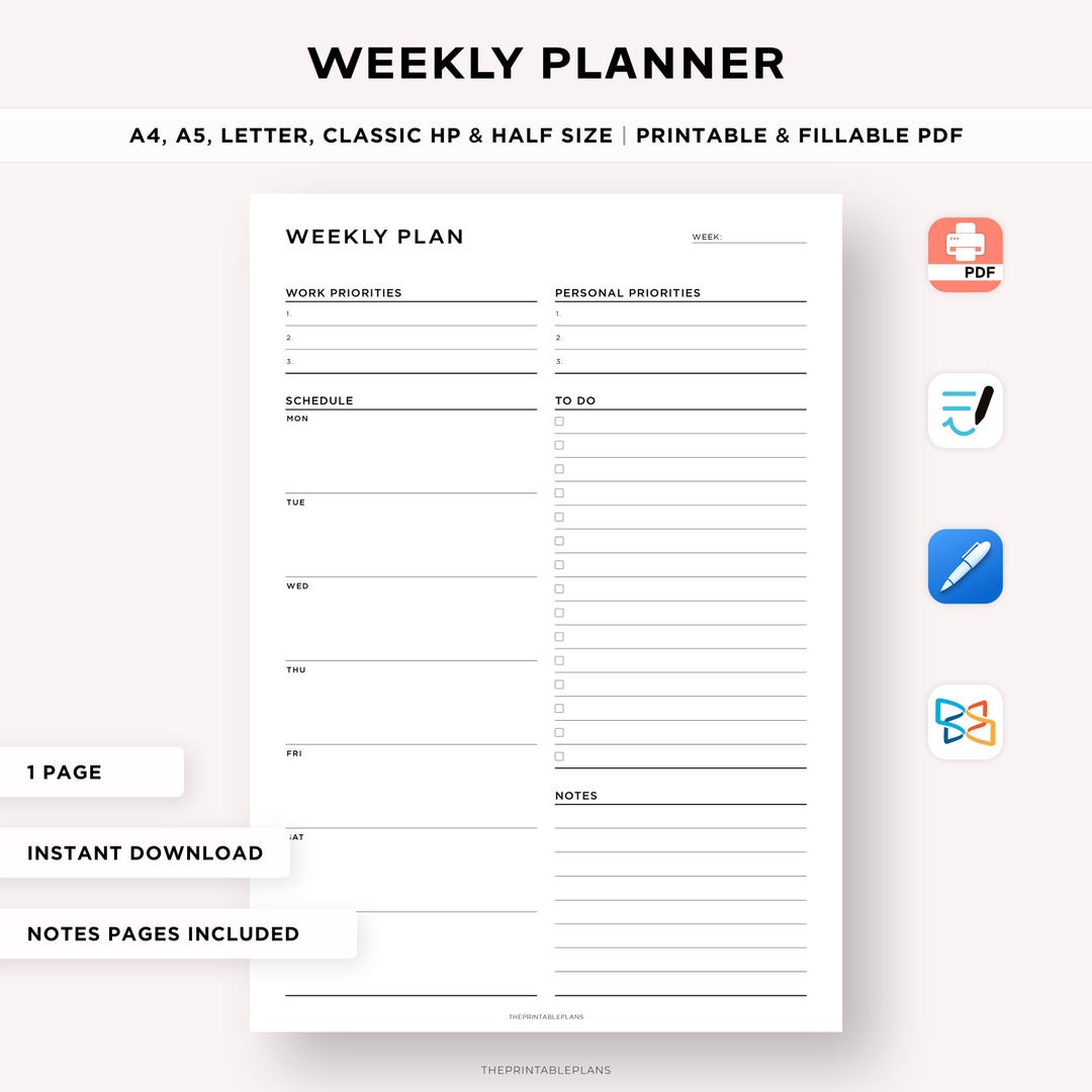 Weekly Planner Printable, Weekly Agenda, Personal & Work Planner ...