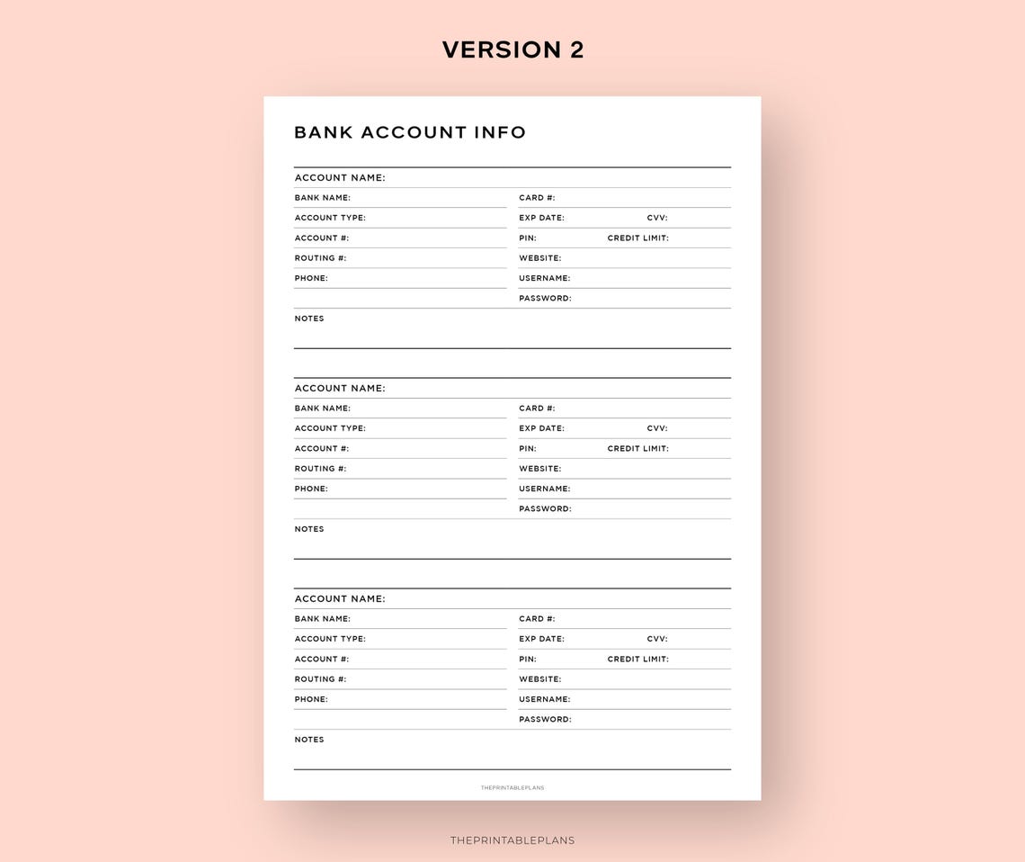 Bank Account Information Tracker, Bank Account Log, Bank Details, A4/a5 ...