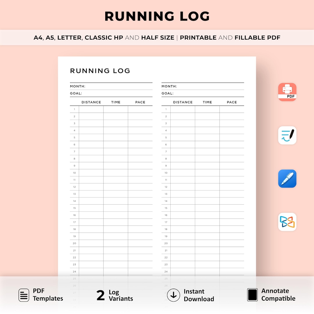 Monthly Running Log Printable, Running Tracker, Running Journal, Cardio ...