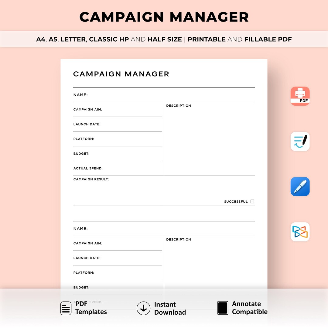 Campaign Manager Printable, Marketing Campaign, Marketing Planner ...