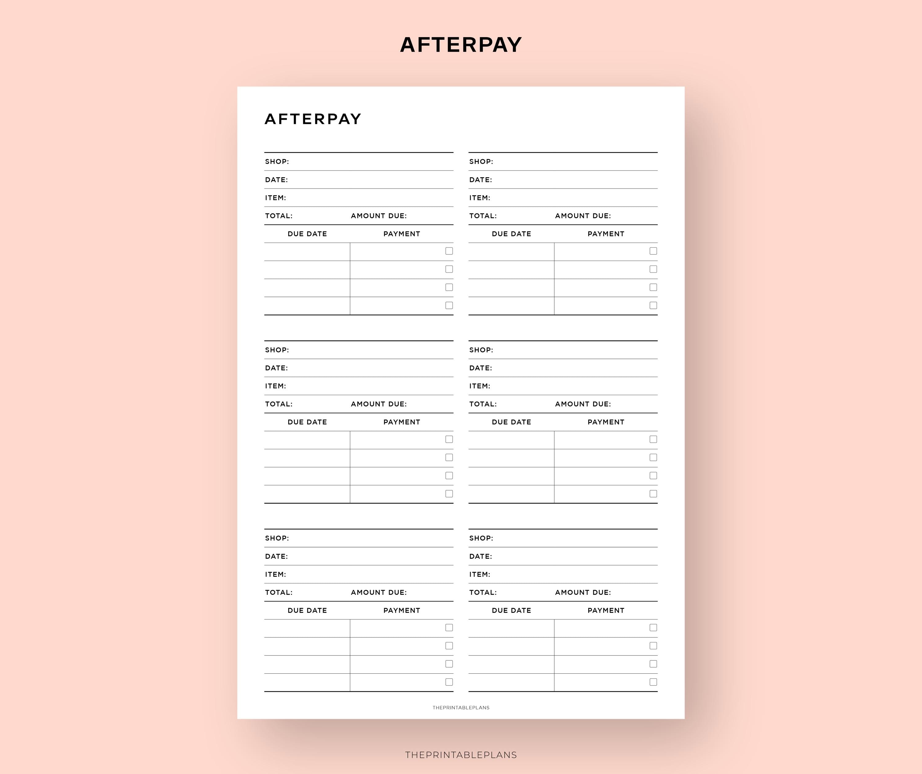 Afterpay, Klarna & Paypal Tracker Printable, Online Shopping, Payment ...