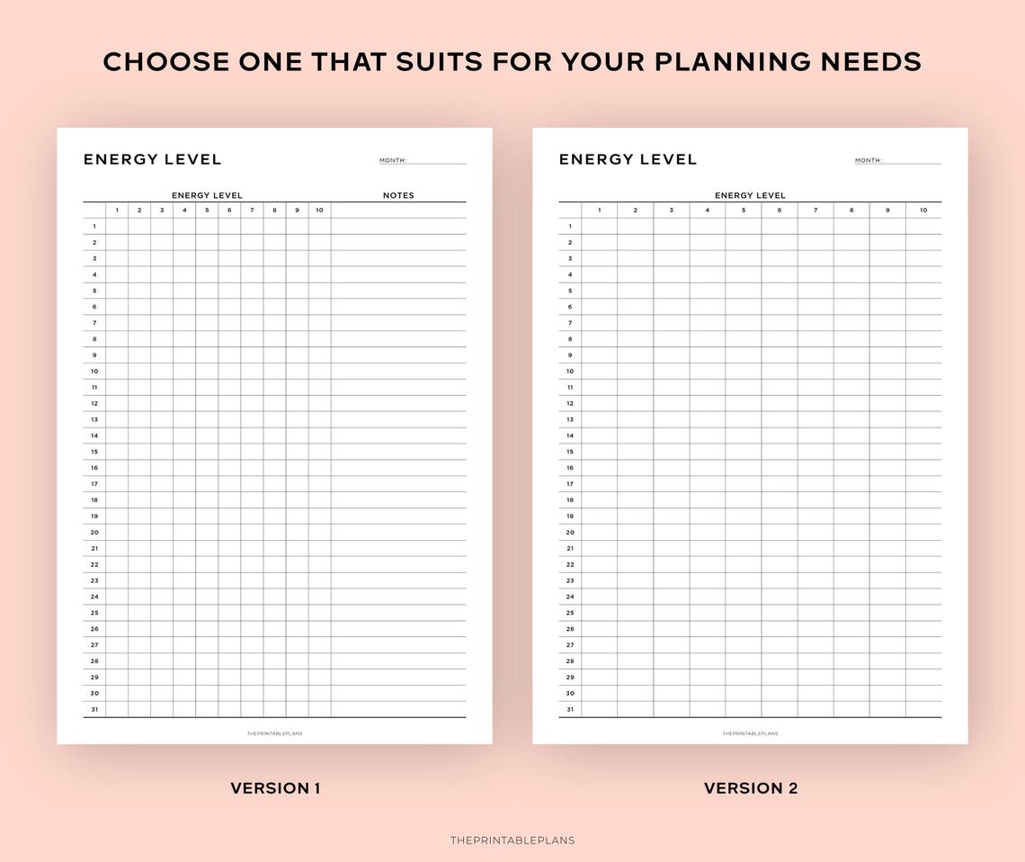 Daily Energy Level Tracker Printable, Monthly Energy Level Tracker ...