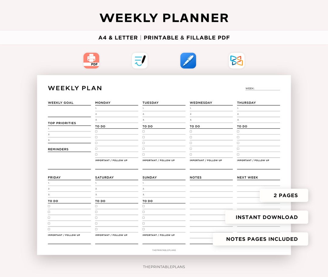 Weekly Planner Printable Landscape, Weekly Schedule, Week at a Glance ...