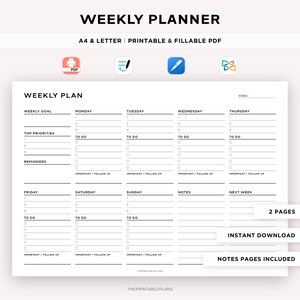 Weekly Planner Printable Landscape, Weekly Schedule, Week at a Glance ...