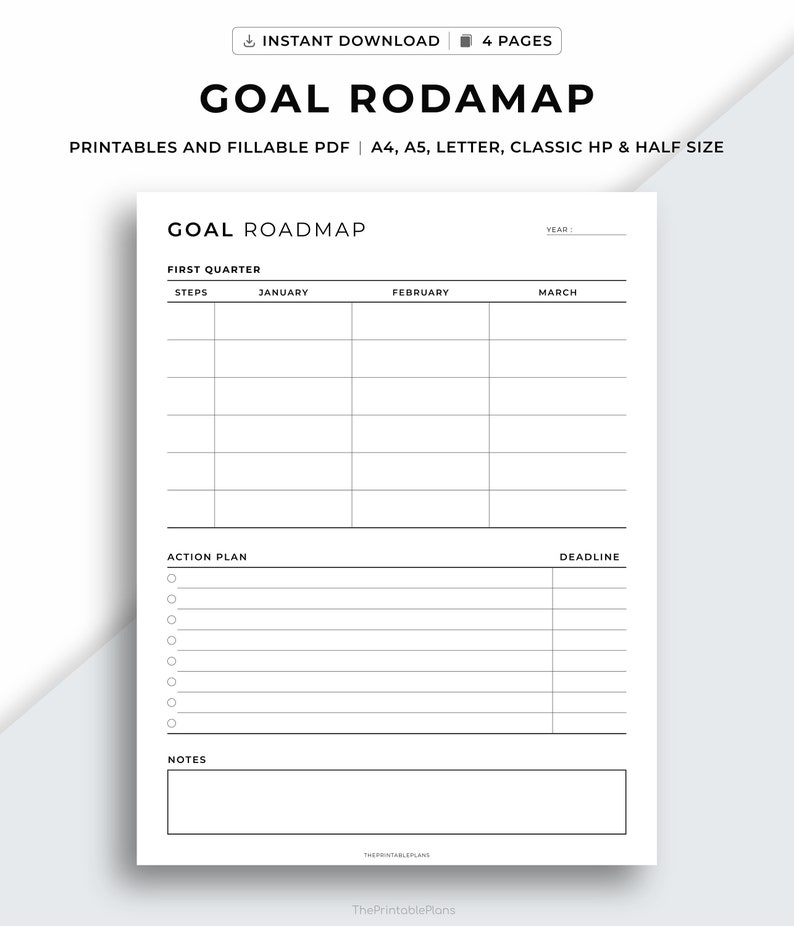 Goal Roadmap Printable, Goal Action Plan, Project Quarterly Mapping ...