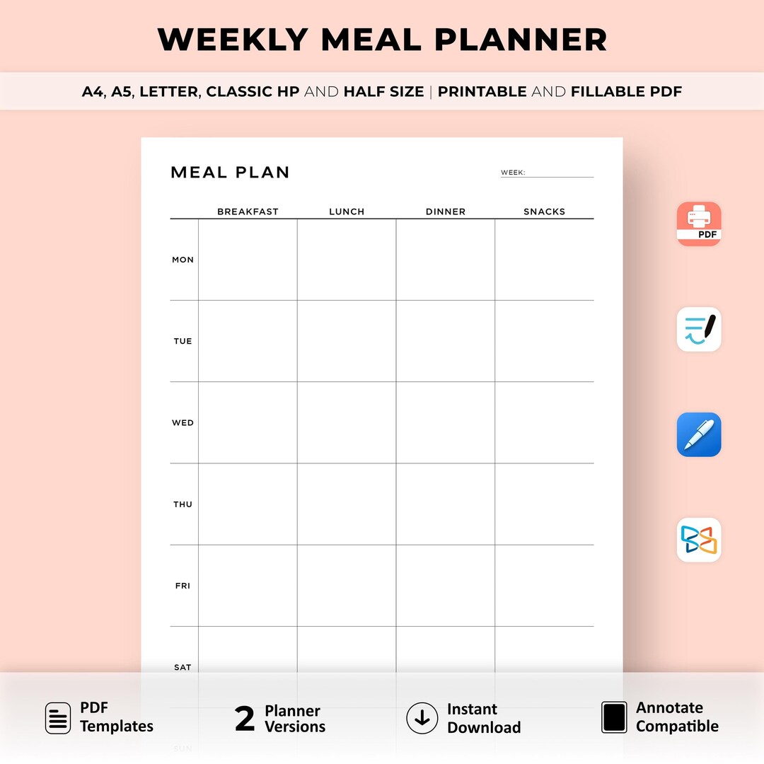 Weekly Meal Planner Printable, Food Diary, Simple Meal Tracker, Food ...