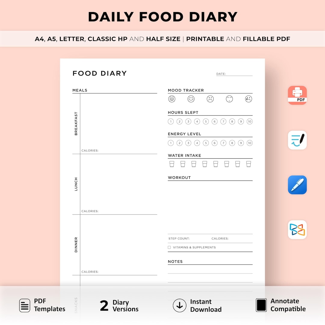 Daily Food Diary Printable, Food Journal, Meal Planner, Vitamin Intake ...