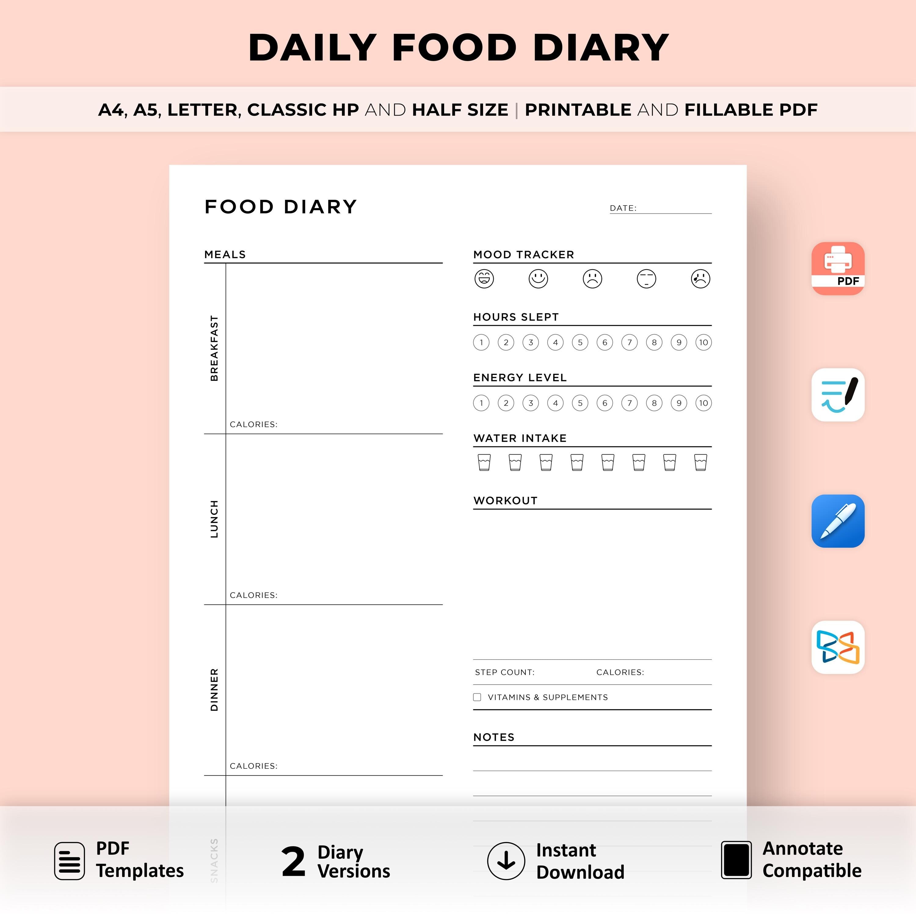 Daily Food Diary Printable, Food Journal, Meal Planner, Vitamin Intake ...